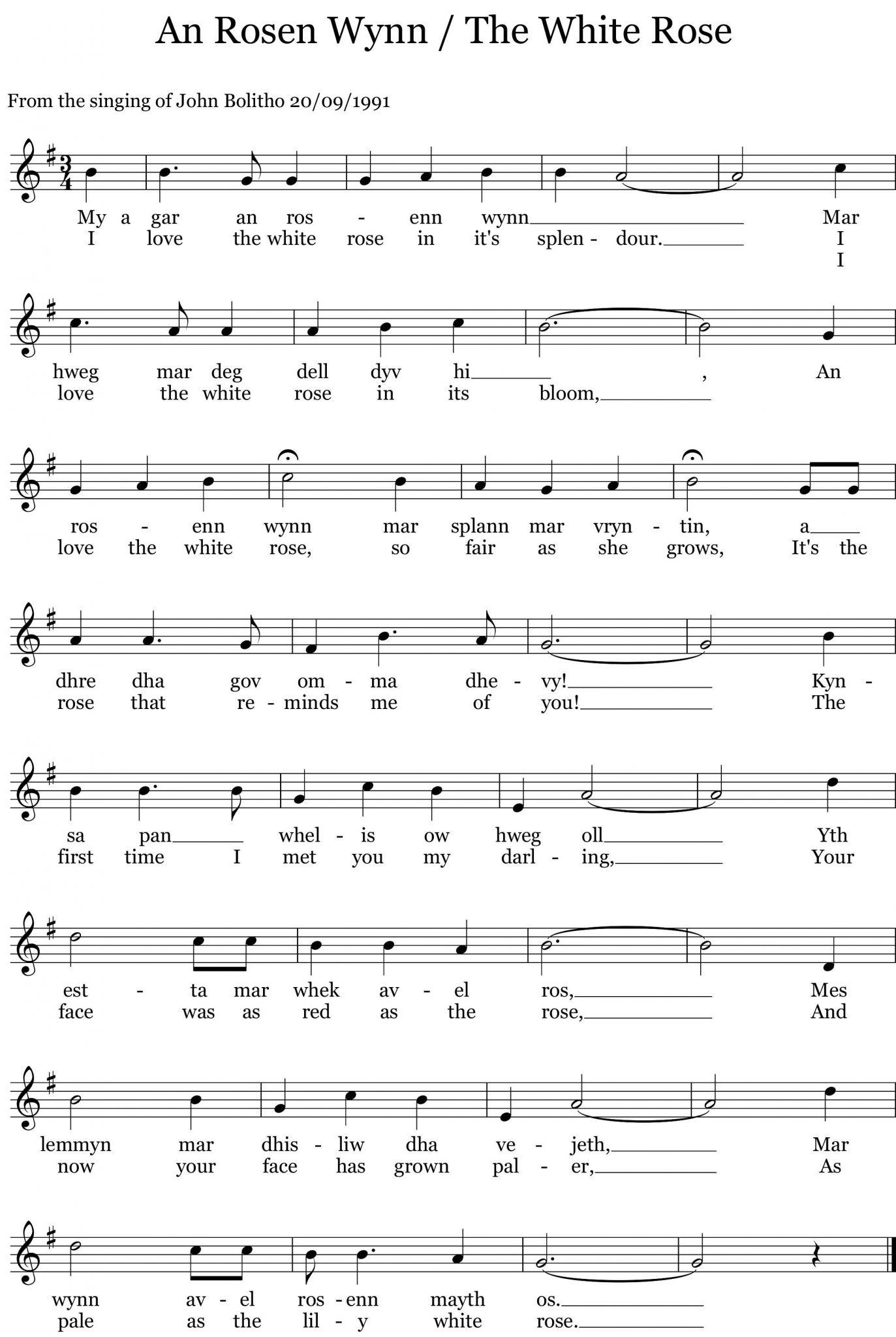 White Rose, The / Rosen Wynn, An - Cornish National Music Archive